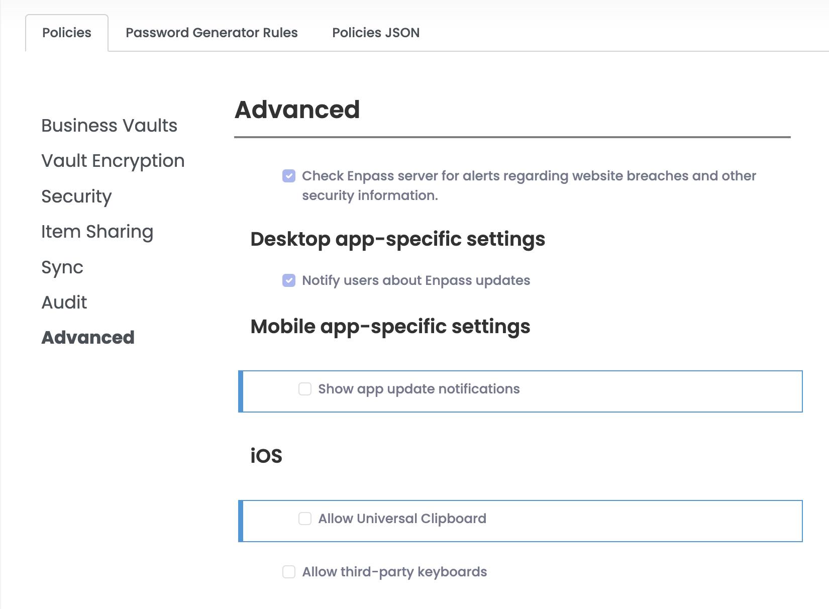 Advanced policies in the Enpass Admin Console