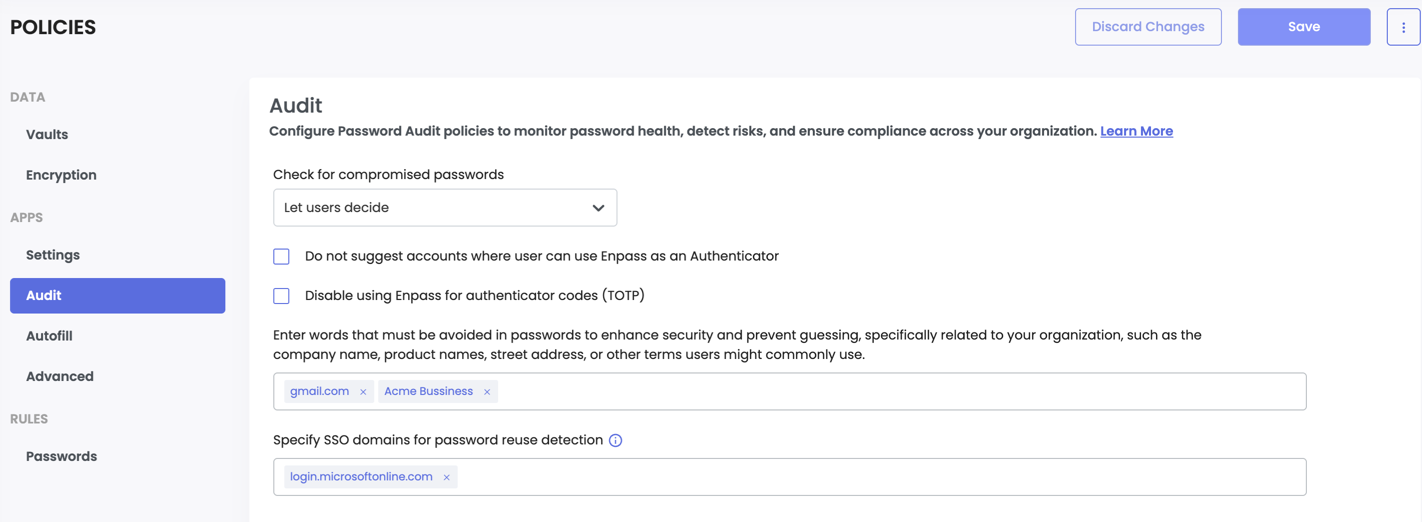 Password Audit policies in the Enpass Admin Console