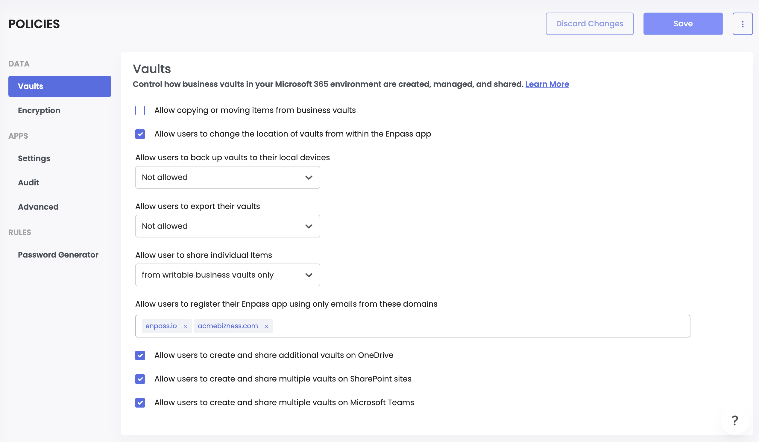 Managing business-vault policies in Enpass