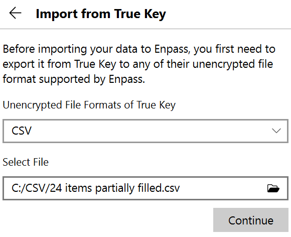 Importing data from True Key to Enpass